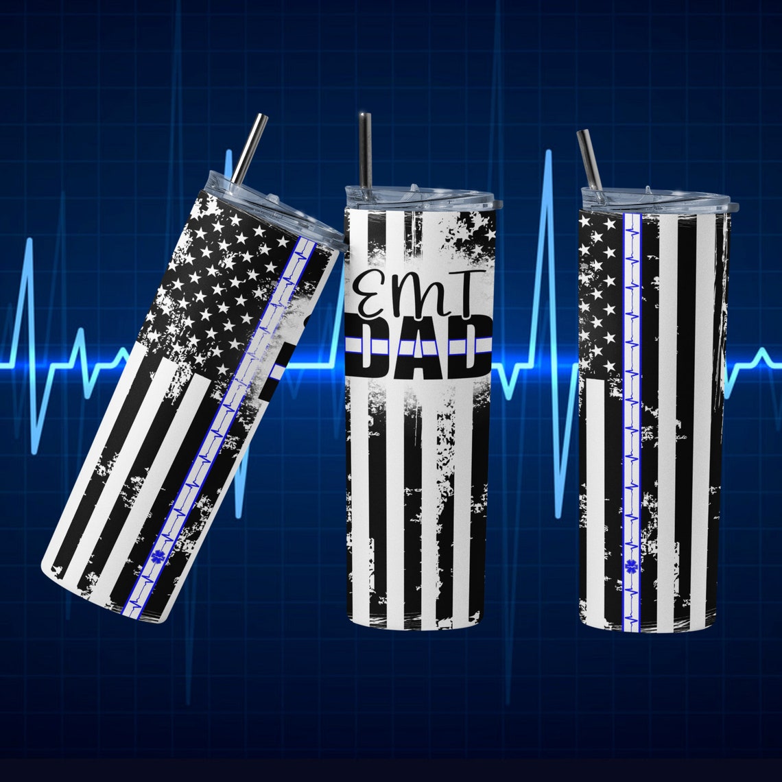 EMT Dad Thin Blue and White Line EKG Flag Distressed 20 Oz | Etsy