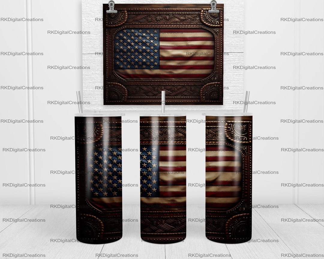 Tooled Leather Western American Flag, 20 Oz Skinny Tumbler Sublimation ...