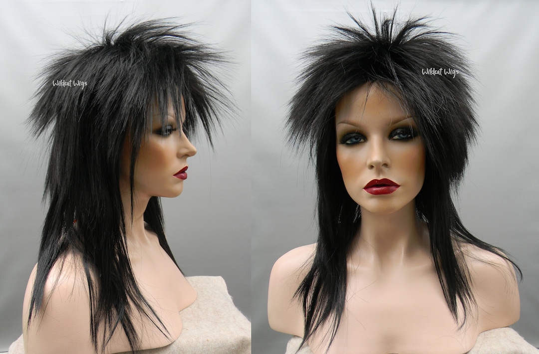 80's Rocker Wig .. Tina Turner . UNISEX .. Heavy Metal Black Wig ...