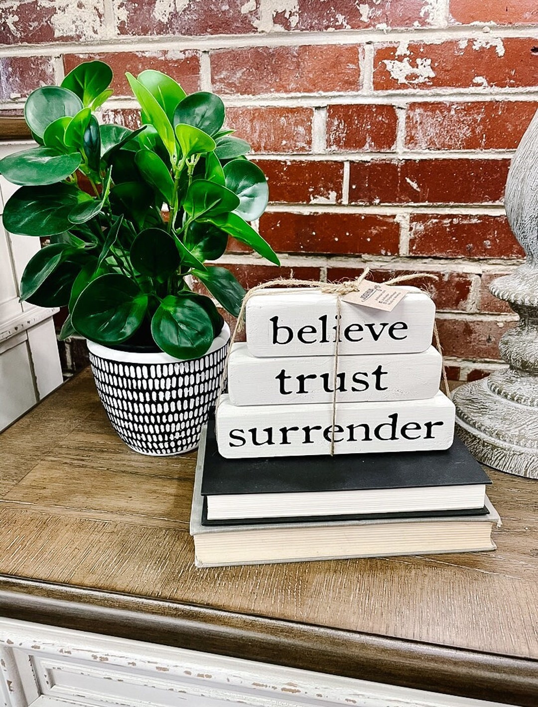 Believe Trust Surrender Shelf Sitter, Farmhouse Decor, Distressed Wood ...
