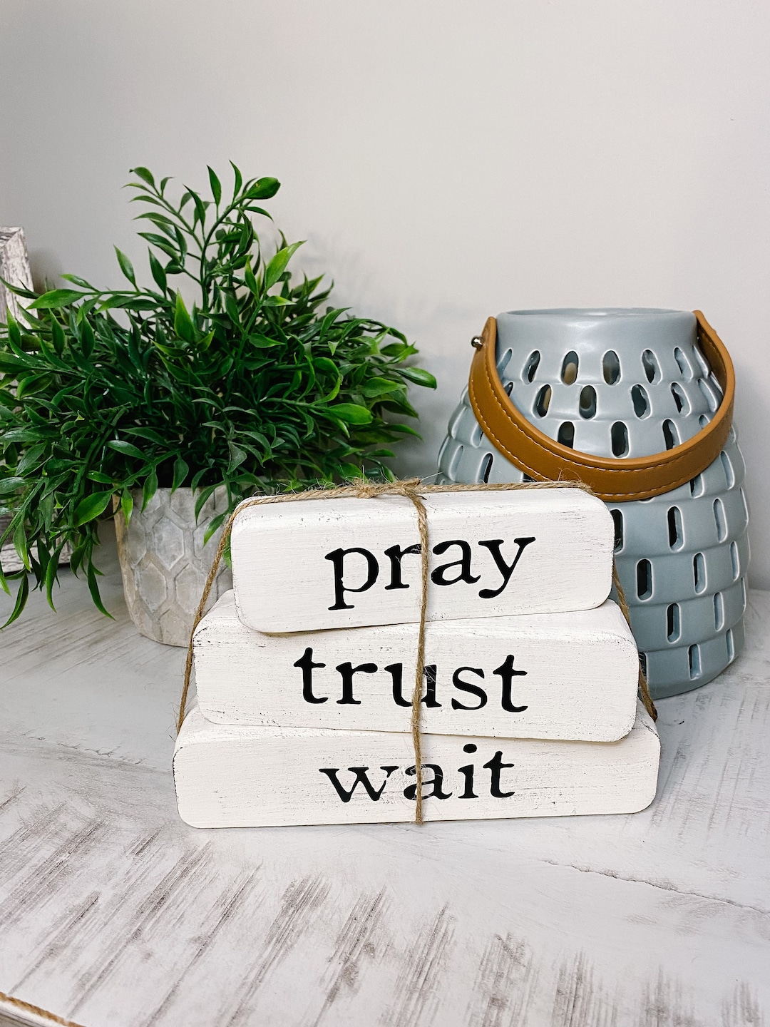 Pray Trust Wait Shelf Sitter, Farmhouse Decor, Distressed Wood Blocks ...