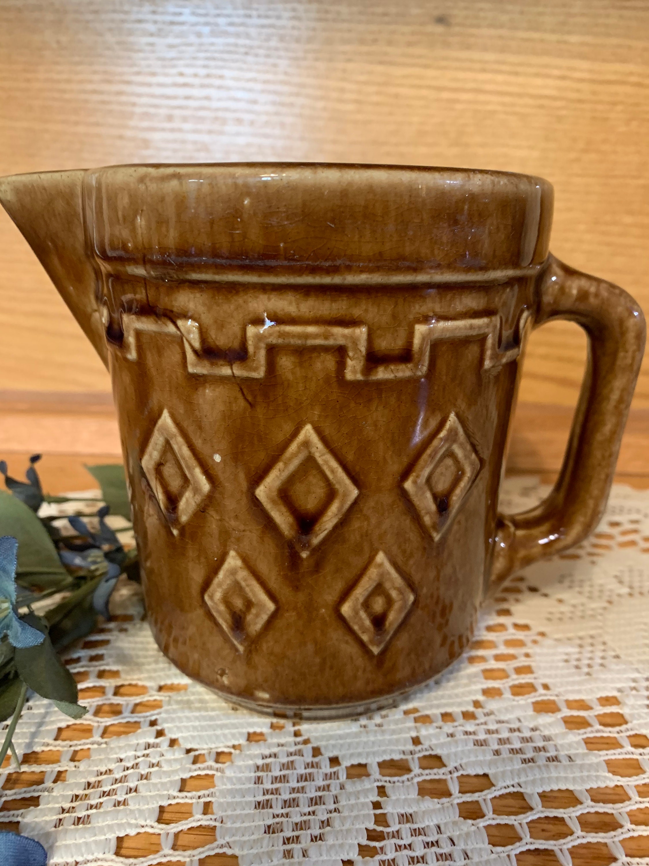 Vintage Diamond Stoneware Brown Pitcher, Vintage Brown Pitcher With ...