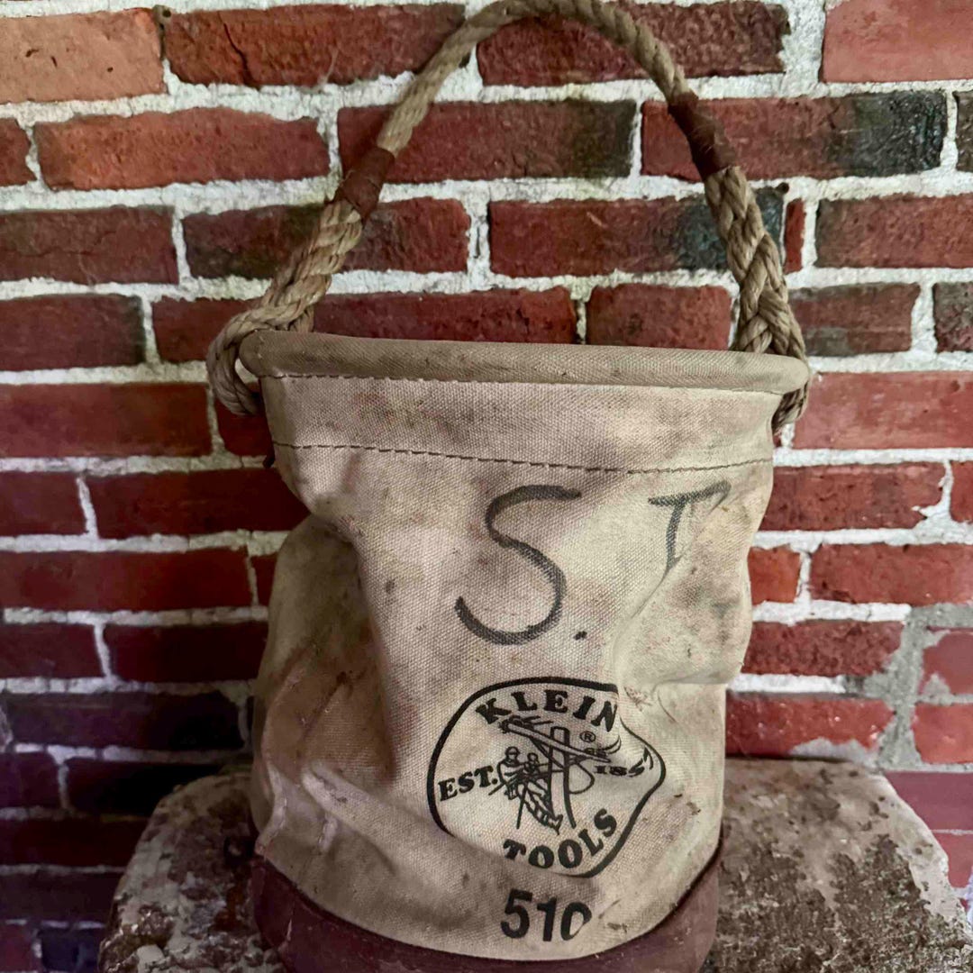 Vintage Klein Tools #510 Canvas Tool Bucket, Leather Base & Rope Handle ...