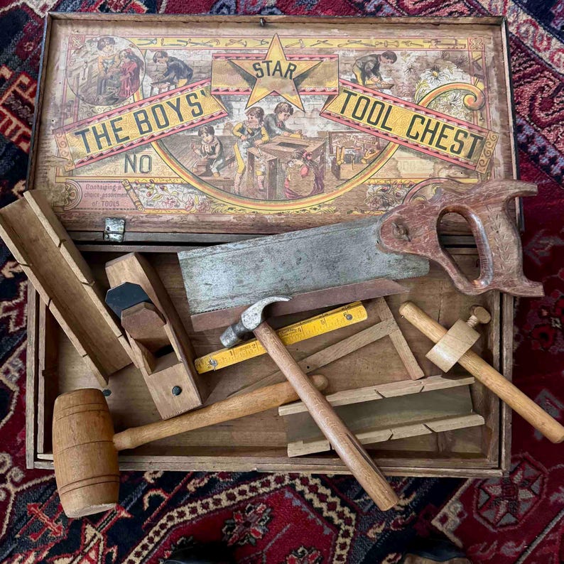 Antique "star" Boys Tool Chest: Oak Box With Original Tools, Ca. 1900 ...