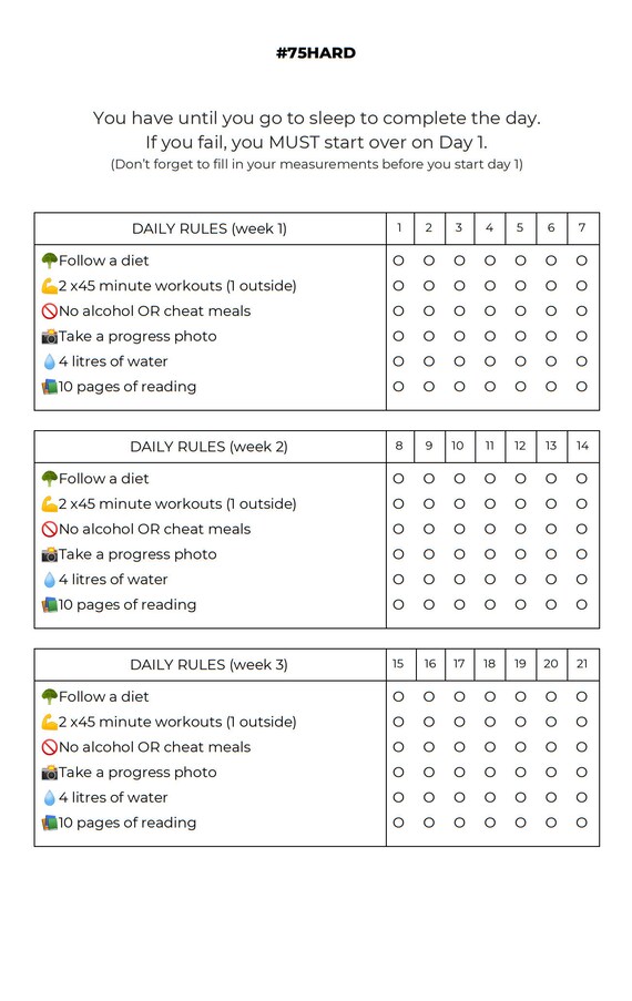 75 Hard Challenge Daily Rules Tracker Printable Instant Etsy