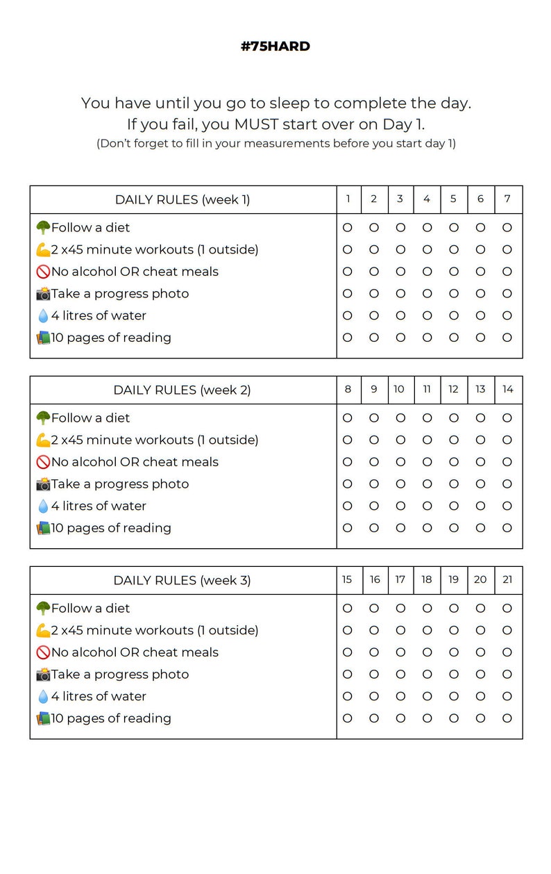 75 Hard Challenge Daily Rules Tracker Printable Instant Etsy