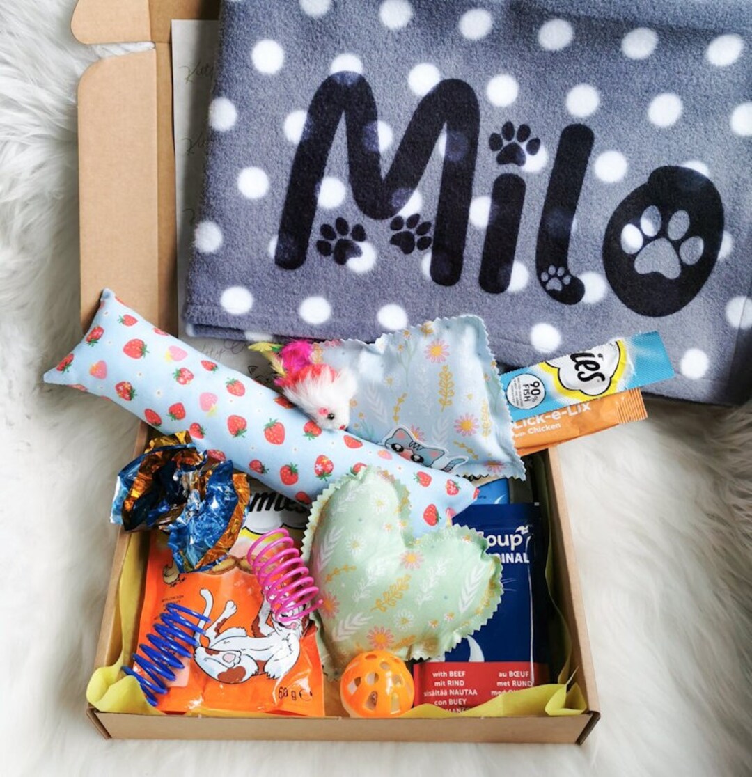 Cat Toy and Treat Gift Box With Personalised Blanket, Cat and Kitten ...