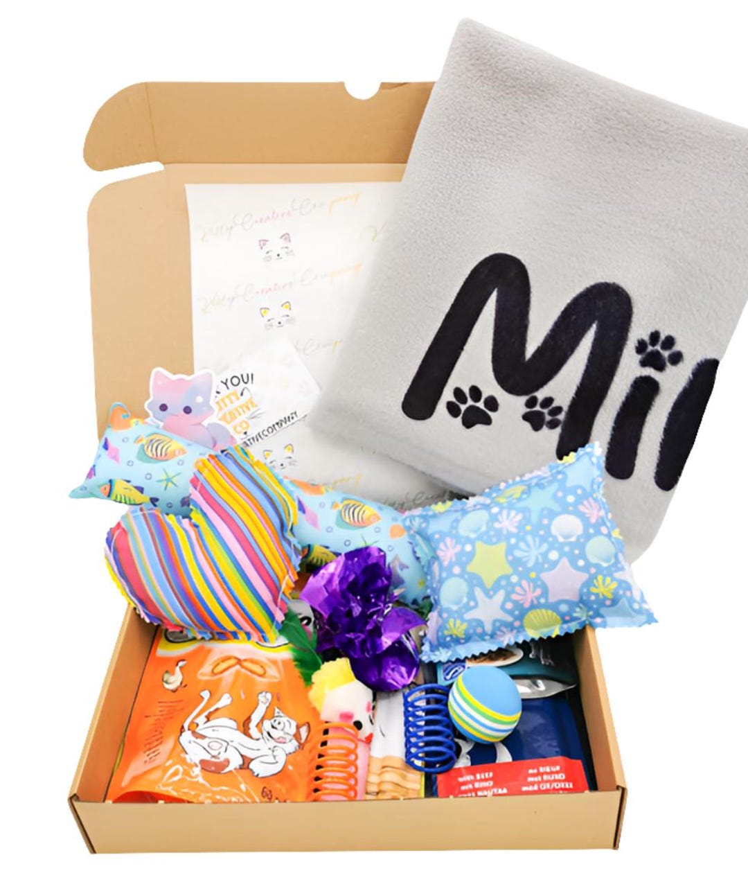 Cat Toy and Treat Gift Box With Personalised Blanket, Cat and Kitten ...