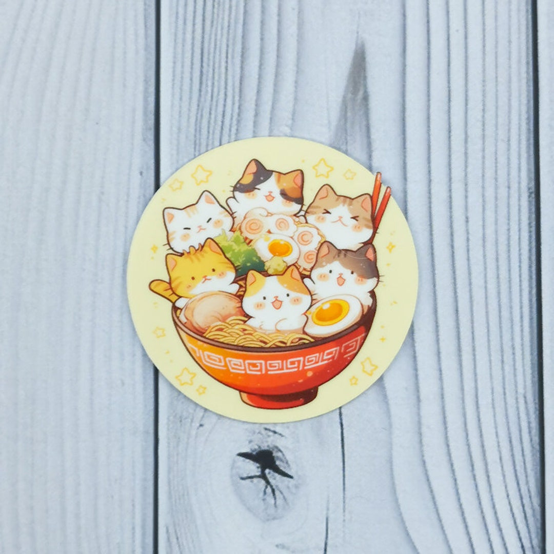 Circular Ramen Noodle Cat Vinyl Sticker, Waterproof Cat Stickers ...