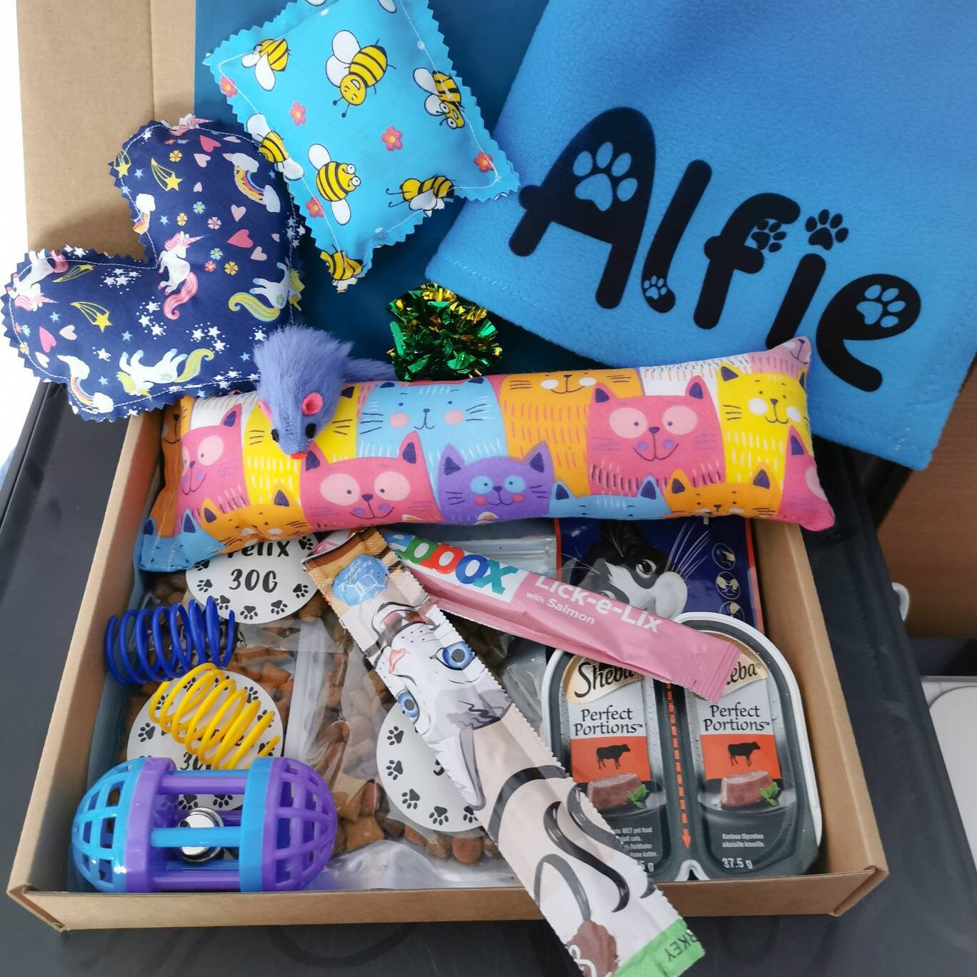 Cat Toy and Treat Gift Box With Personalised Blanket Cat and | Etsy UK