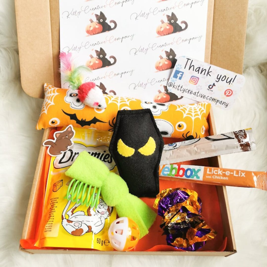Halloween Cat Toy and Treat Gift Box, Spooky Cat and Kitten Gift Box ...