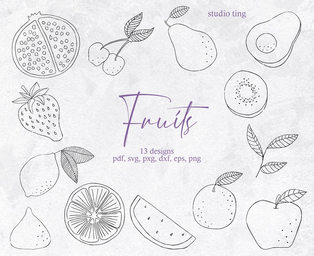 Hand Drawn Black and White Fruits Clipart Svg, Strawberry, Kiwi ...