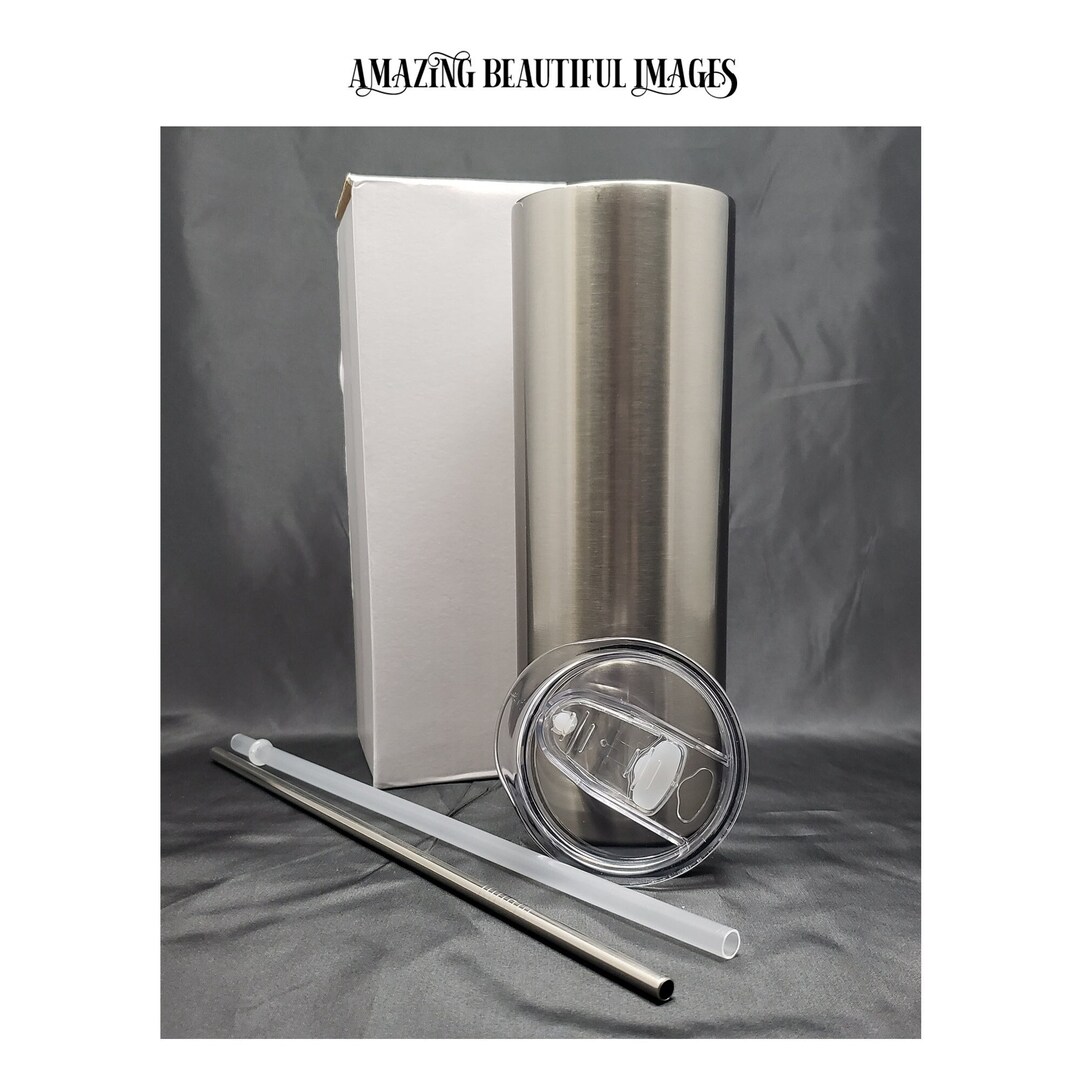 20 Oz STRAIGHT Silver Skinny Blank Sublimation, Slider Lid, Straw, With ...