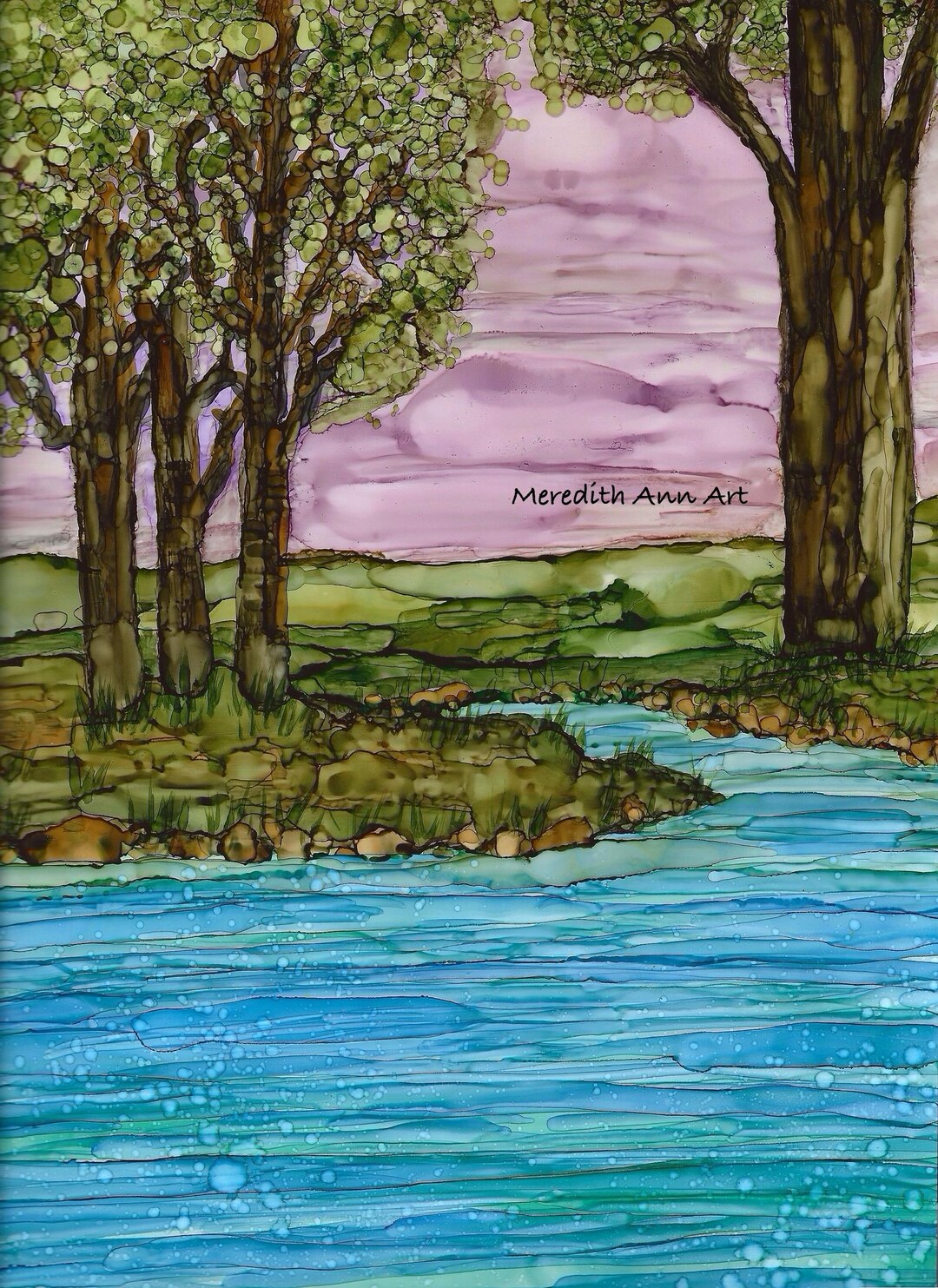 Original Alcohol Ink Painting of Sunset Over Lake, 9x12 Original Art ...