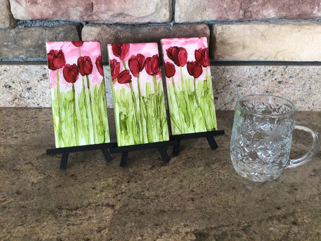 Set of 3 Hand Painted Alcohol Ink 3x6 Ceramic Tile Abstract Tulip ...
