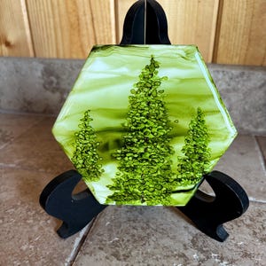 Abstract Green Evergreen Trees on Hexagon Coaster, Hand Painted With ...