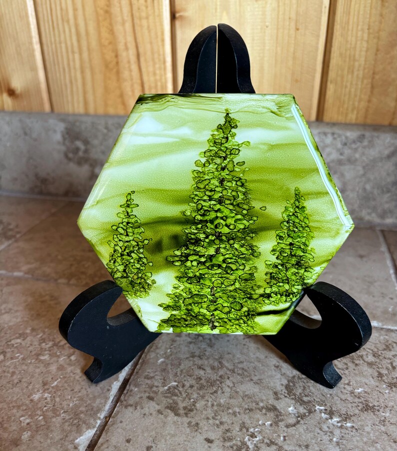 Abstract Green Evergreen Trees on Hexagon Coaster, Hand Painted With ...