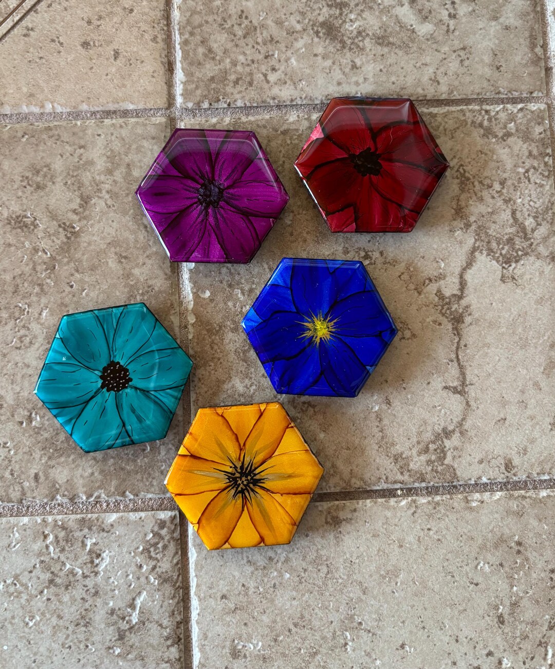 Hand Painted Ceramic Tile Magnets, 2-inch Hexagon, Vibrant Flowers - Etsy
