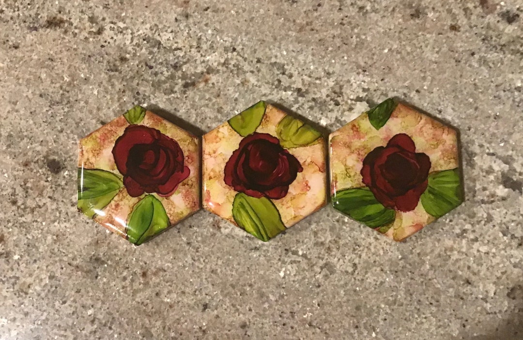 Hand Painted Ceramic Tile Magnets, Set of 3, 2-inch Hexagon, Abstract ...