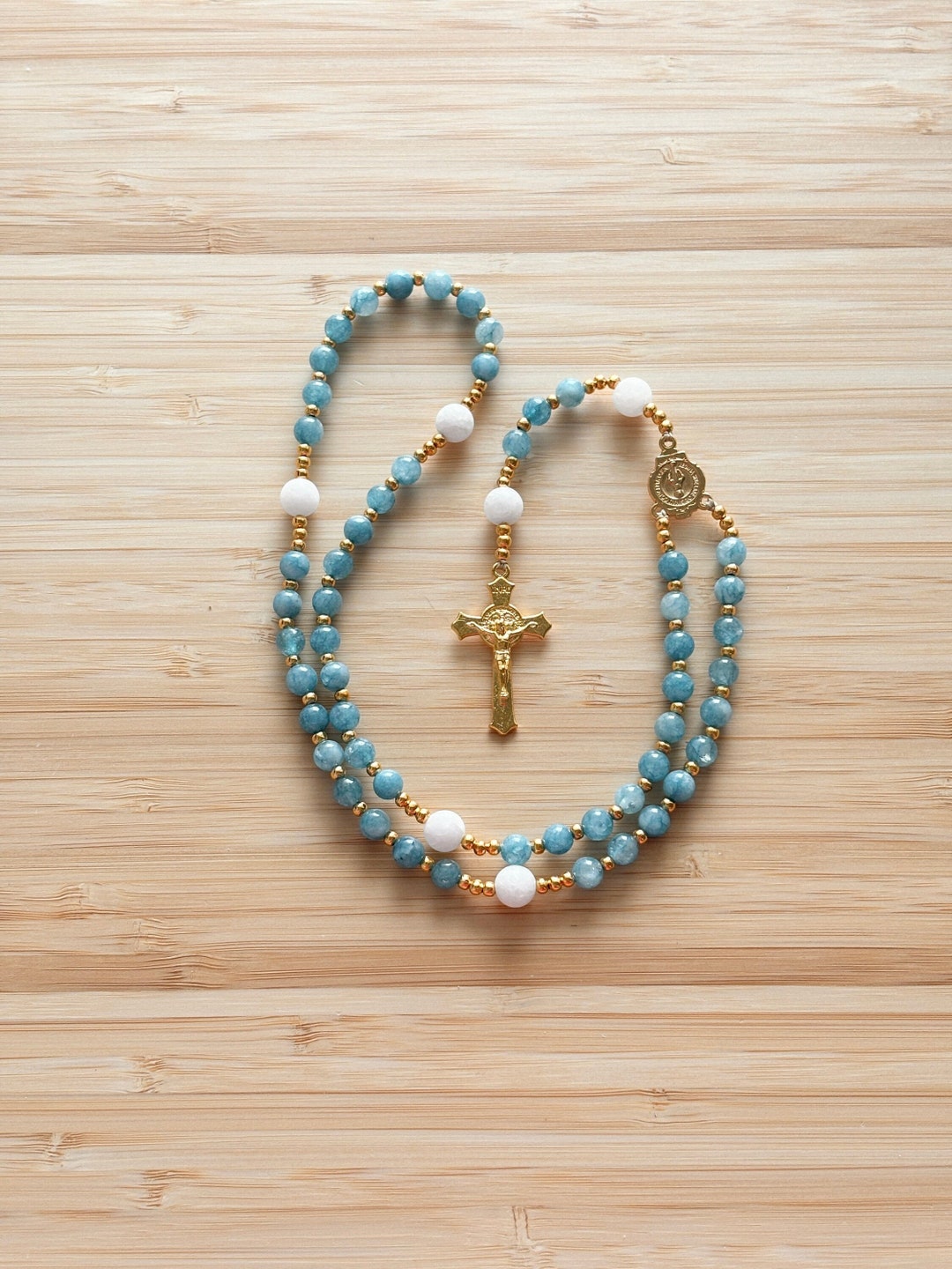 15.5 Blue Jade and White Malaysian Jade Rosary Gold-plated Two-sided St. Benedict Crucifix Gold ...
