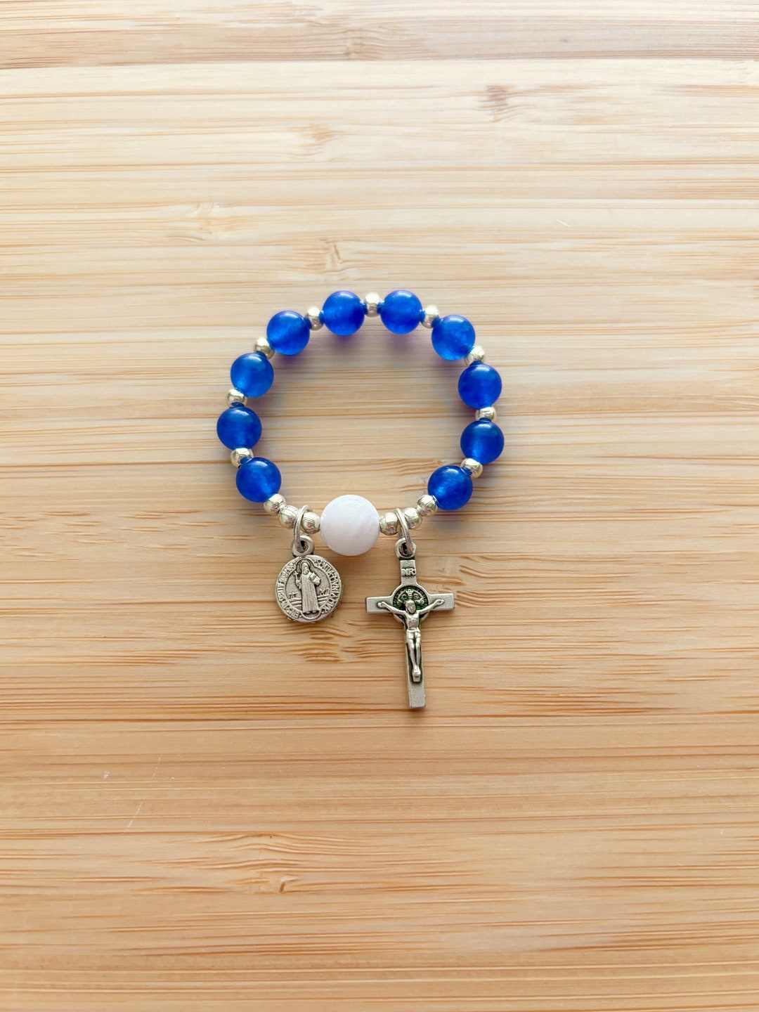 1.5" Round Sapphire Jade Pocket Rosary * Silver Alloy St. Benedict Crucifix * Silver Alloy St ...