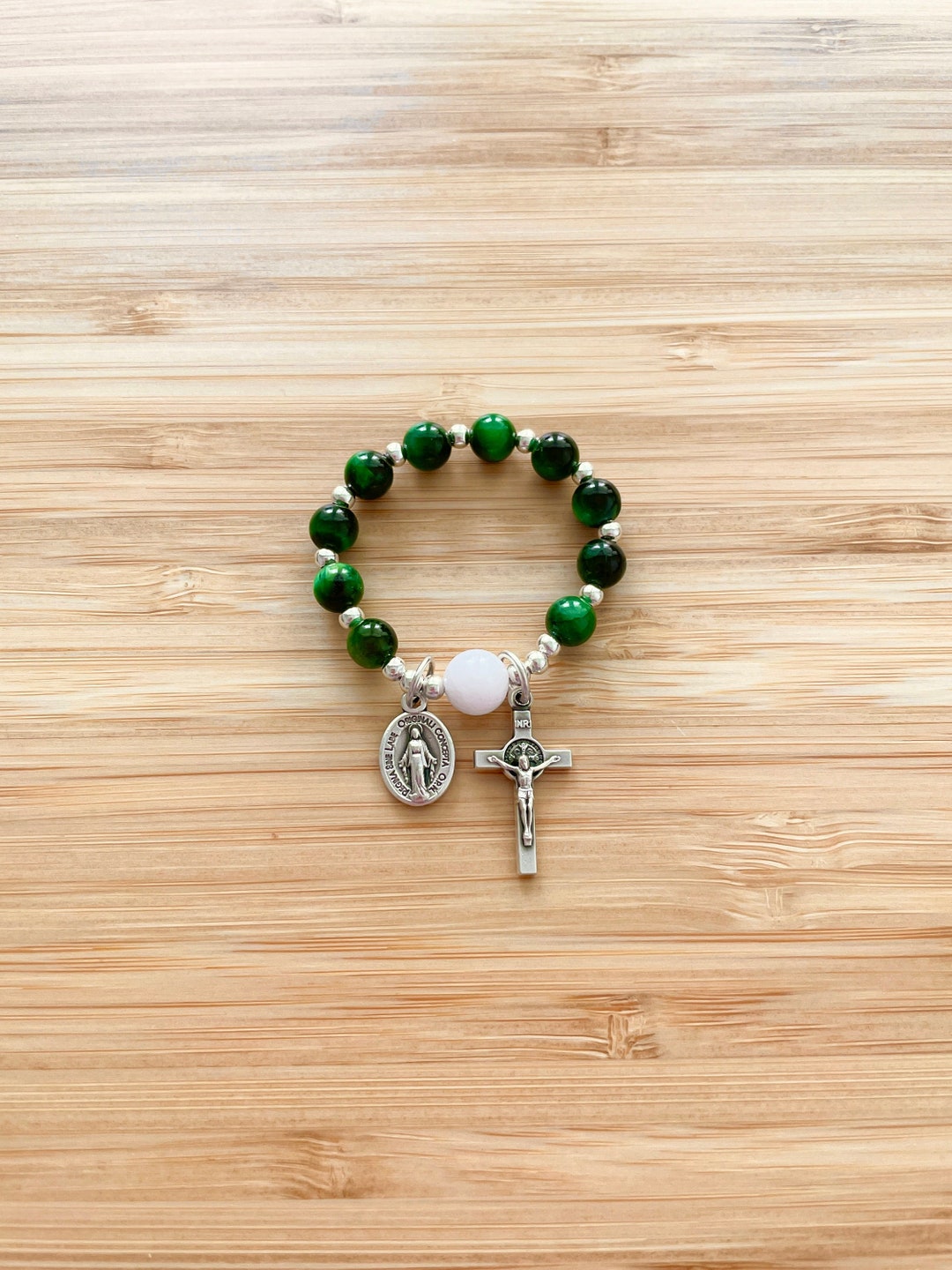 1.5 Pocket Rosary Green Tiger's Eye and Alabaster 3/4 Silver Alloy ...