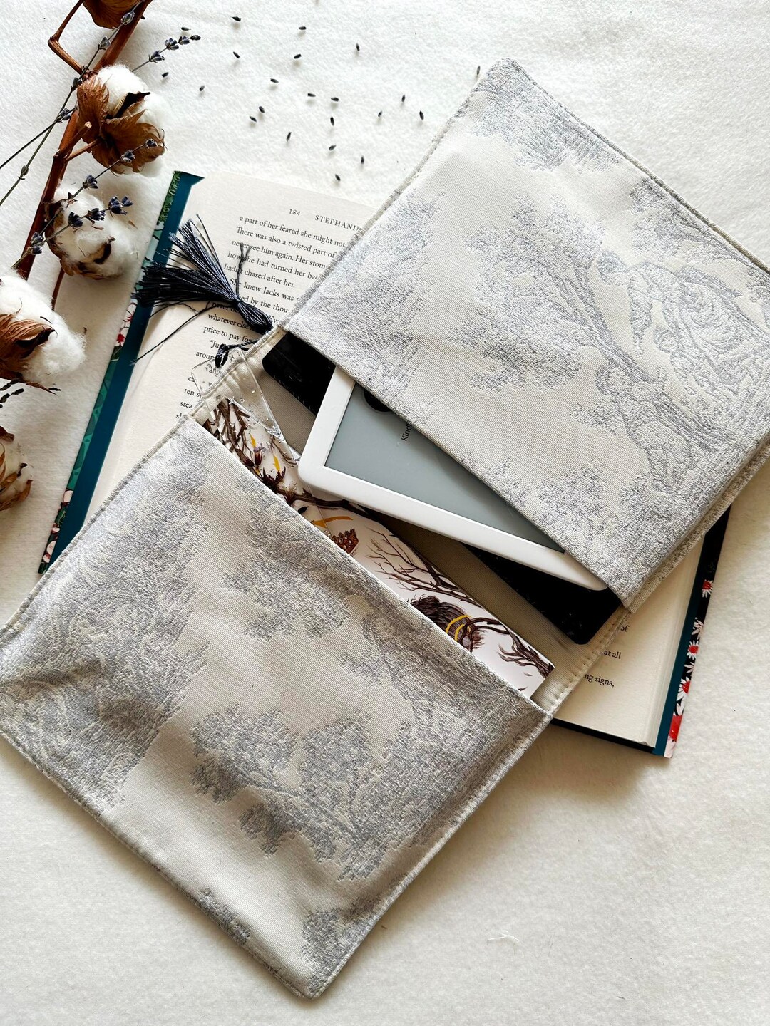 Toile De Jouy Book Purse With Pocket, Padded Book Sleeve, Book Cover ...
