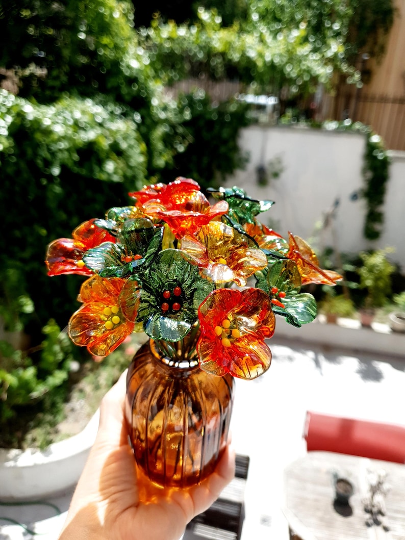 Murano Glass Flowers With Autumn Colors (set of 17 Flowers and 1 Vase ...