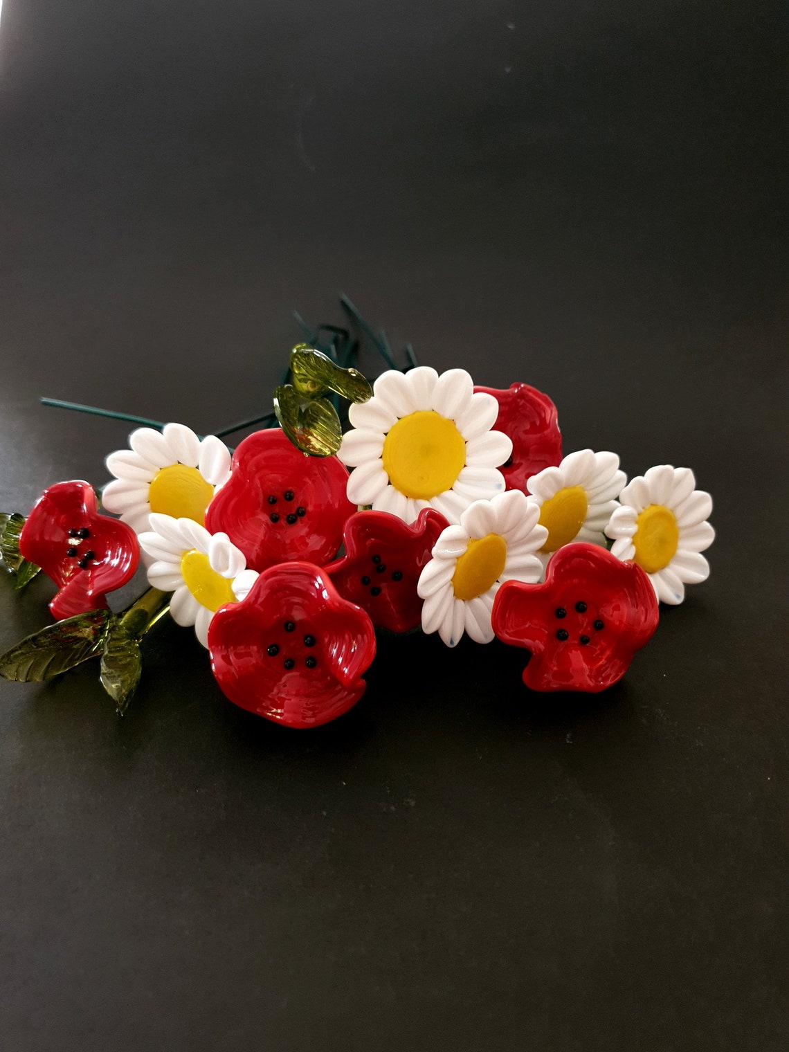 Lampwork Poppy and Daisy Bunch (set of 15) /colorful Handmade Lampwork ...