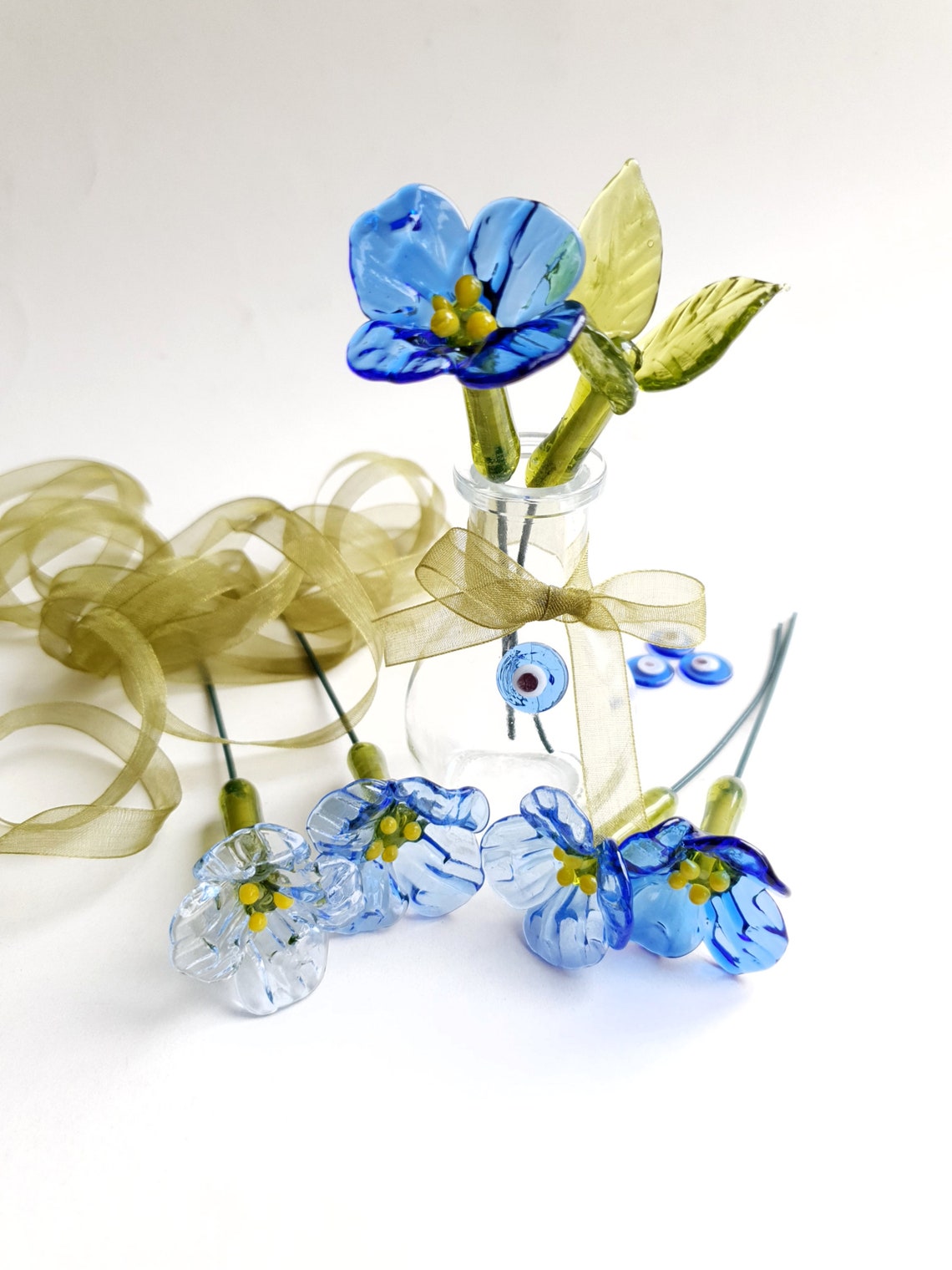 Murano Glass Tiny Blue Flower Bouquet (set of 5 Flowers, 1 Leaf and 1 ...