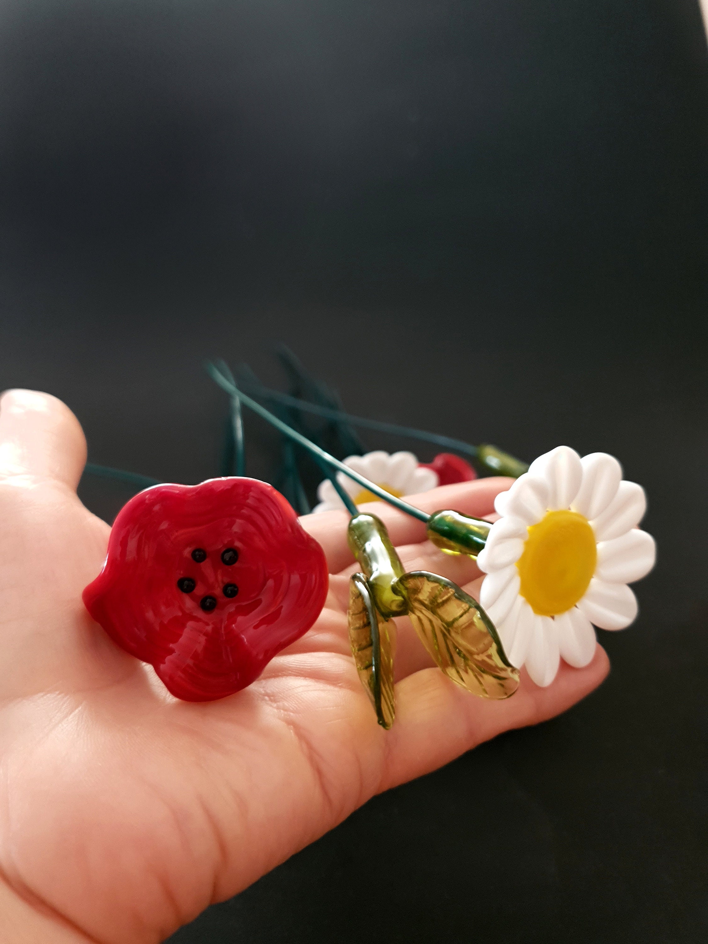 Lampwork Poppy and Daisy Bunch (set of 15) /colorful Handmade Lampwork ...