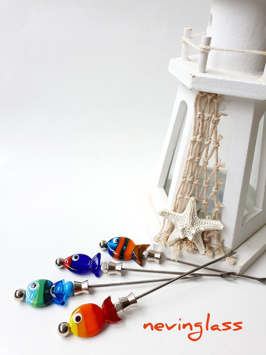 Set of 4 Pieces Food Pick / Appetizer Pick With Colorful Lampwork Glass ...