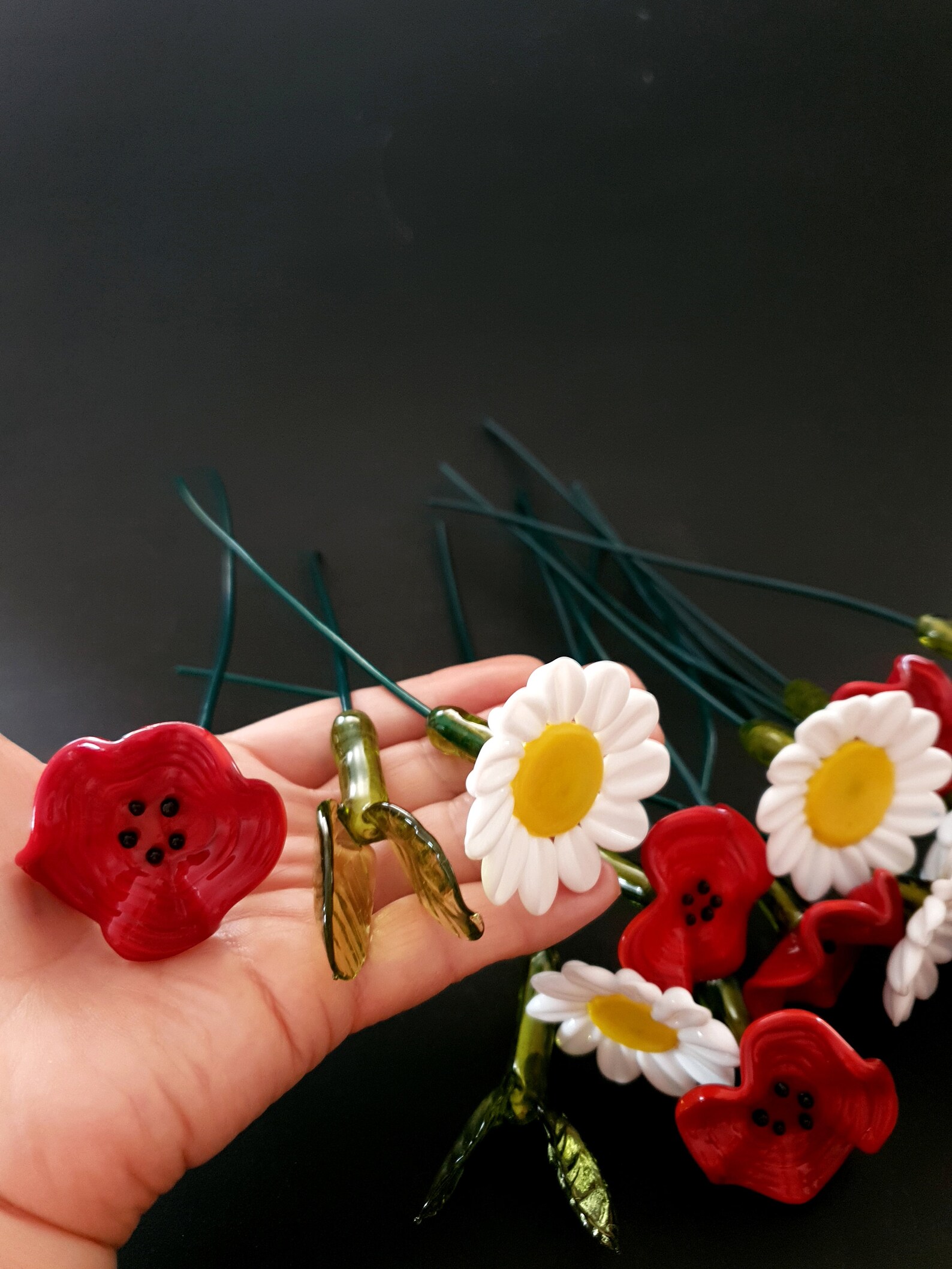 Lampwork Poppy and Daisy Bunch (set of 15) /colorful Handmade Lampwork ...