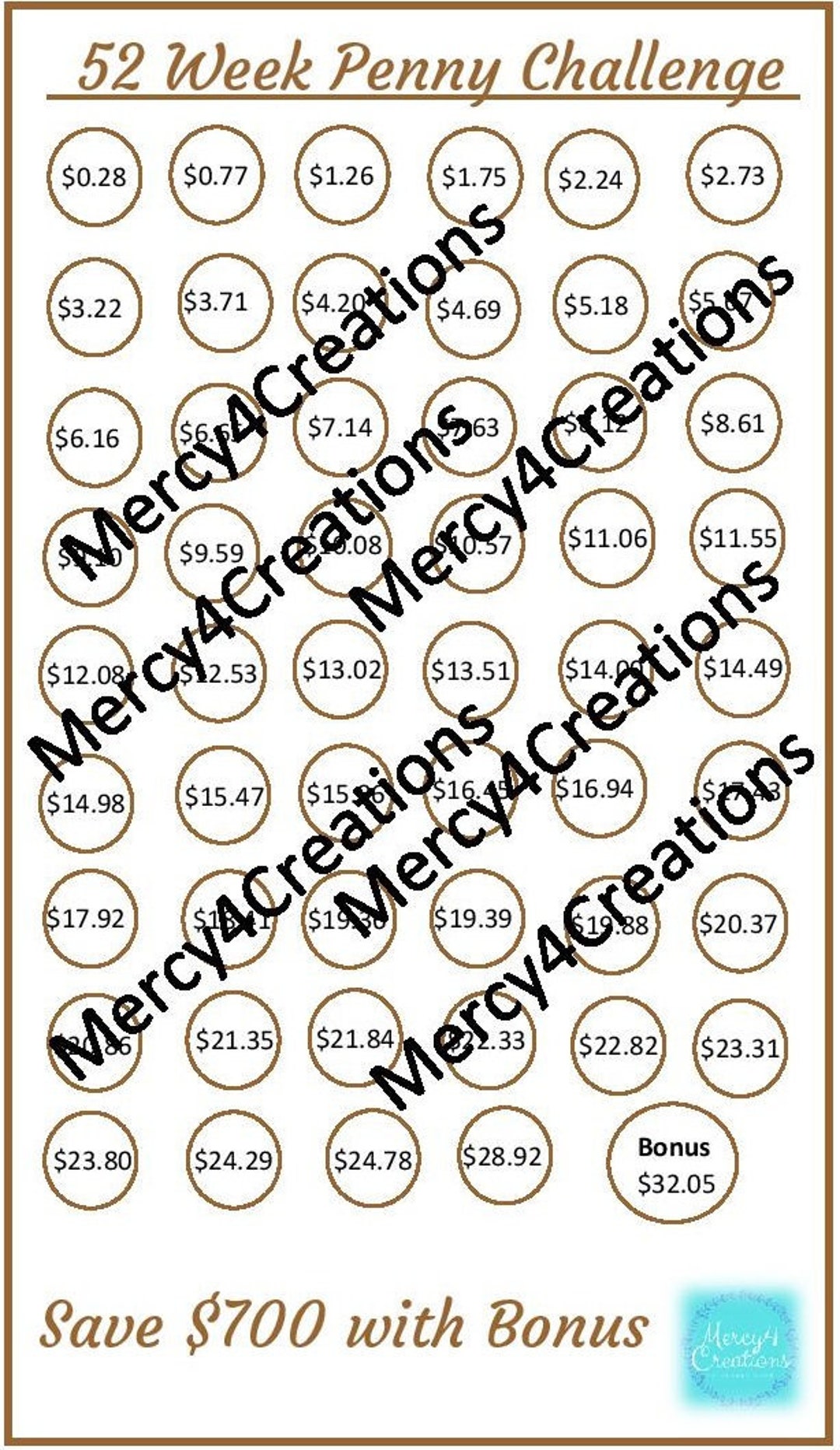 52 Week Penny Challenge 7” X 4” Savings Tracker | Printable| INSTANT ...