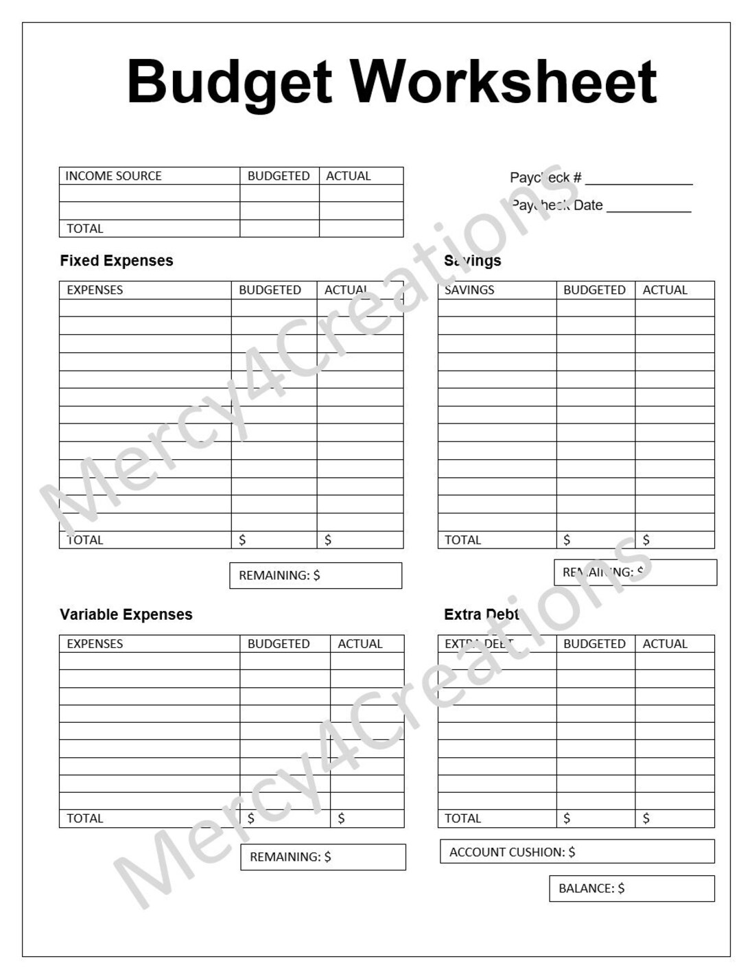 Budget Worksheet |paycheck Budget Sheet| INSTANT DOWNLOAD | Printable ...