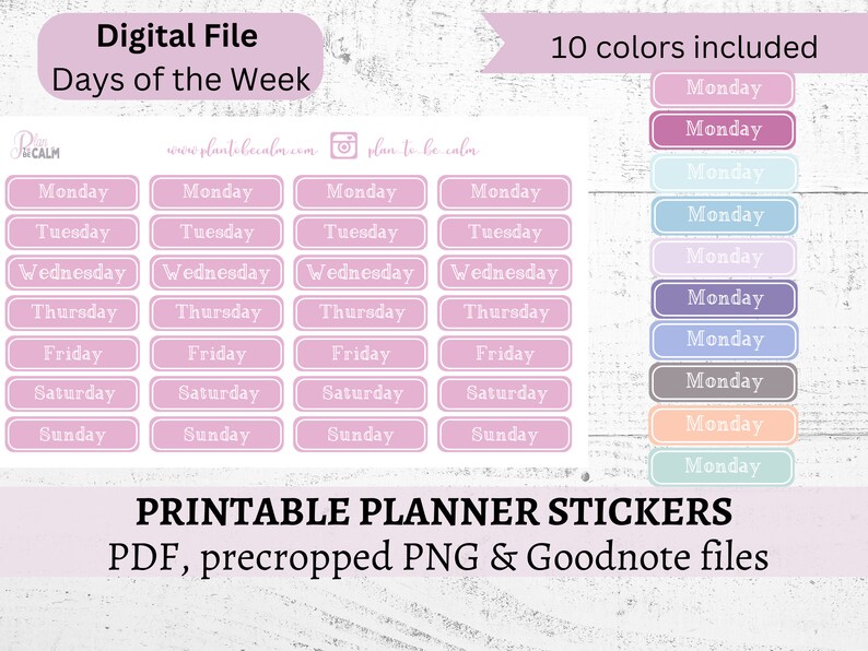 Printable Days of the Week Stickers, Digital Day of Week Planner ...