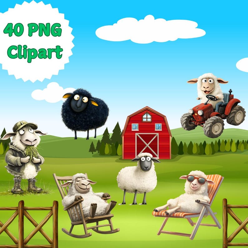Quirky Farm Animals Clipart, Funny Sheep PNG, Silly Farm Animal Art ...