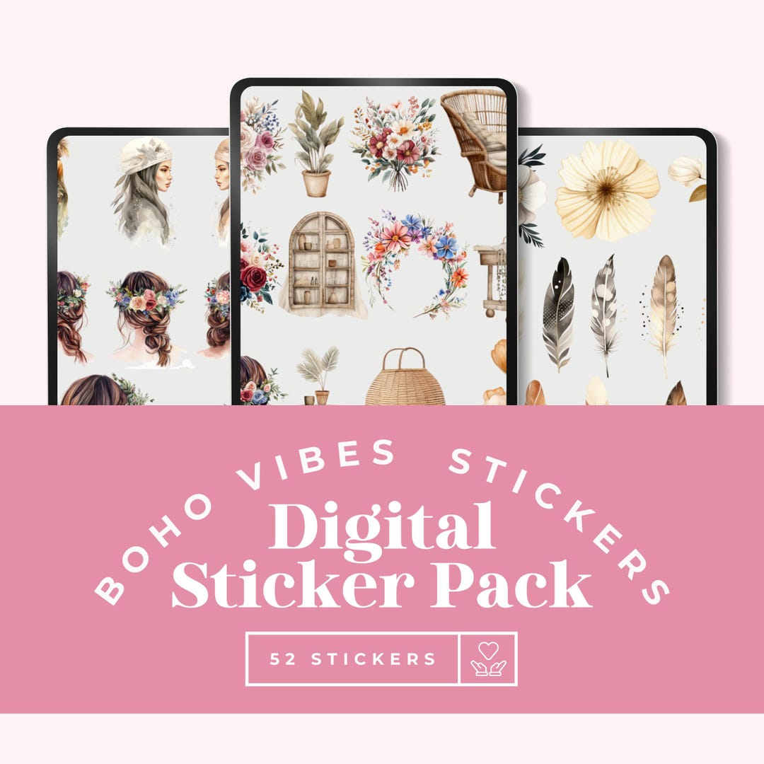 52 Boho Sticker Pack Digital, PNG Files of Digital Stickers, Digital ...