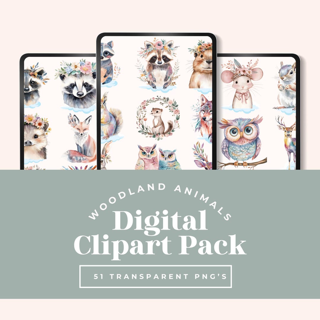51 PNG, Boho Woodland Animal Clipart, Watercolor Cute Animals for ...