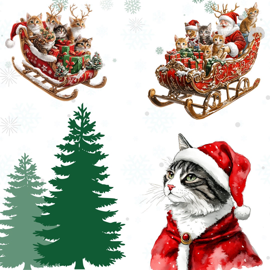 Cats Christmas Clipart 300 DPI Cat Clipart Christmas Sleigh Clipart Cat ...