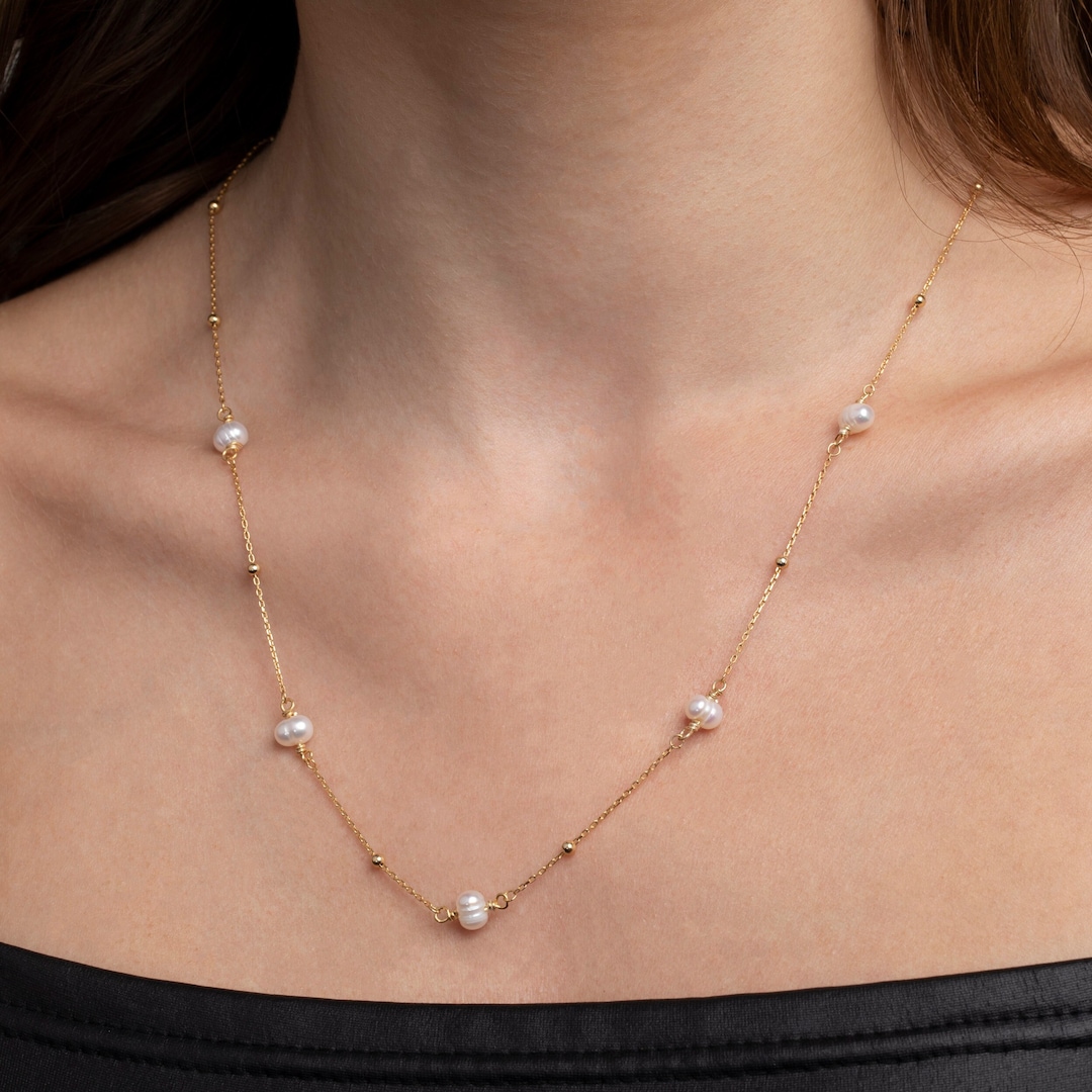 14K Solid Gold Pearl Station Necklace, 14K Pearl Station Necklace, 10K ...