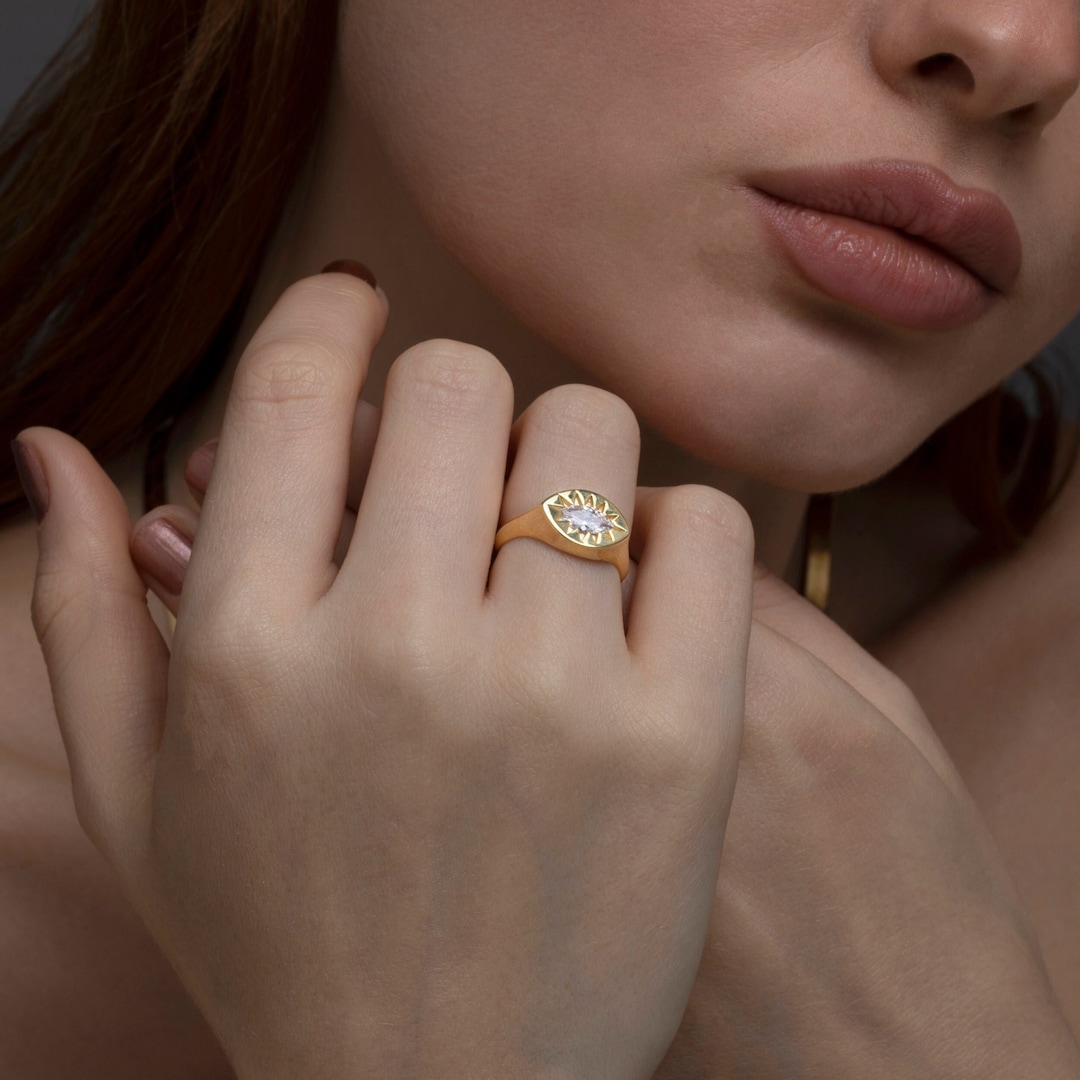 Sun Star Diamond Signet Ring, 14K Sun Star Diamond Signet Ring ...