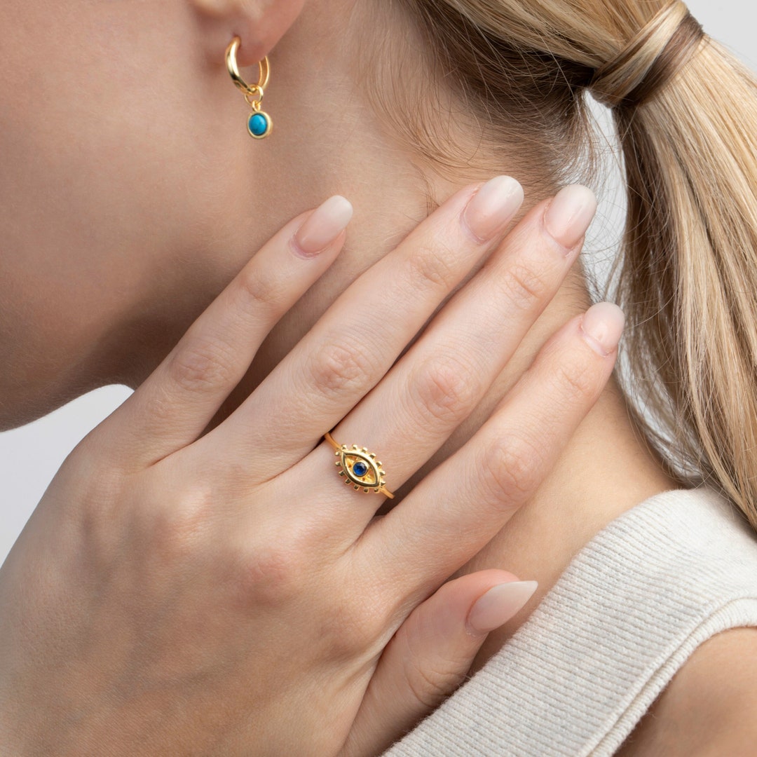14K Gold Evil Eye Ring, Silver Evil Eye Ring, Minimalist Ring, Handmade ...