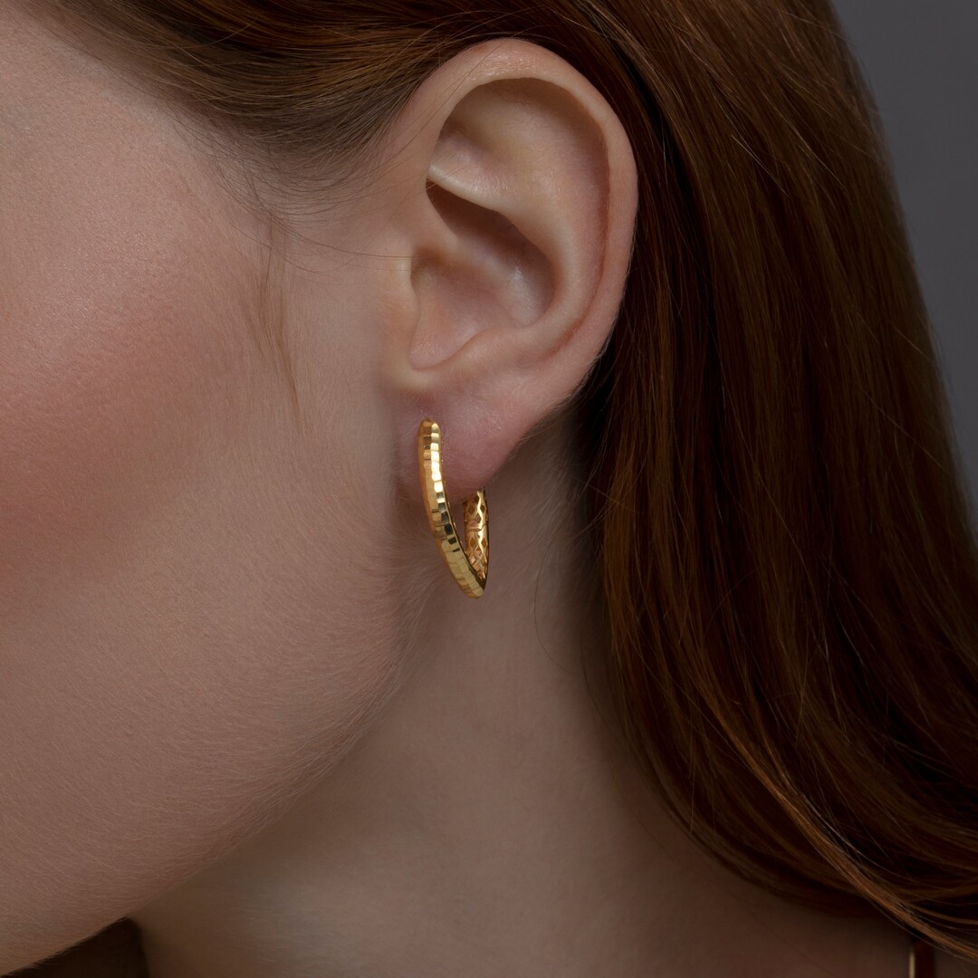 Textured Hoop Earring, 14K Solid Gold Textured Hoop, 925 Sterling ...