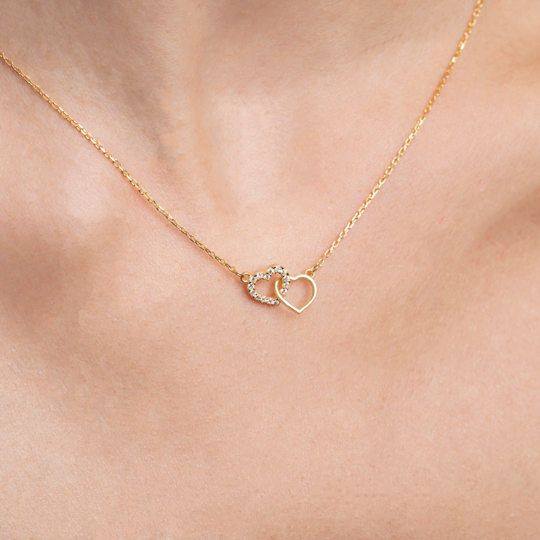 14K Solid Gold Pave Double Heart Necklace, 14K Double Heart Necklace ...