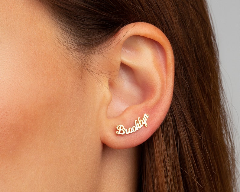 Name Earring Personalized Earrings Minimalist Name Stud 14K - Etsy
