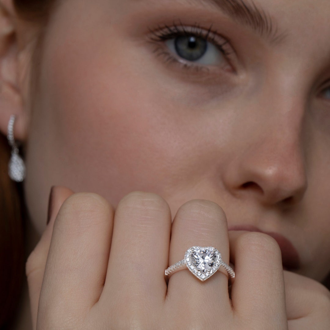 Heart Cz Diamond Engagement Ring, 925 Sterling Silver Promise Ring, Rings for Women, Statement ...