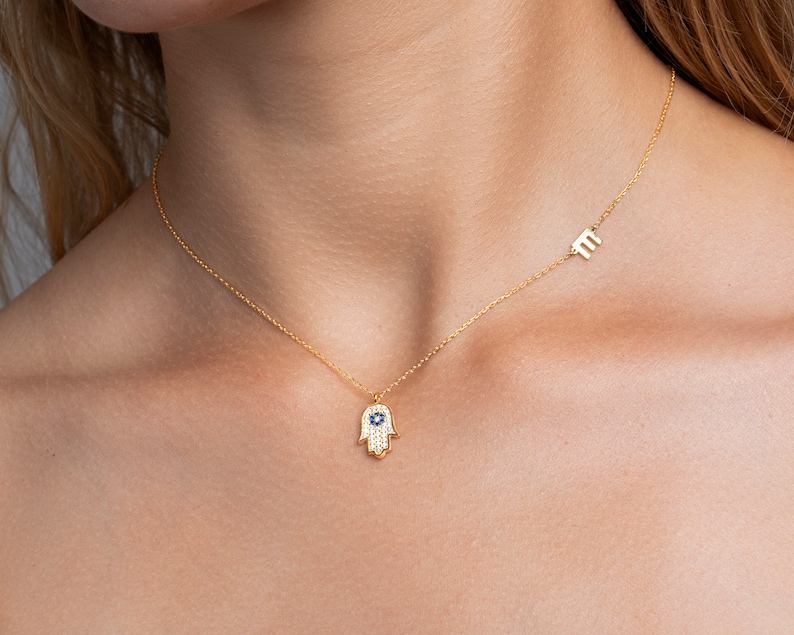 Hamsa Name Necklace Initial Necklace Evil Eye Hindu Hamsa - Etsy