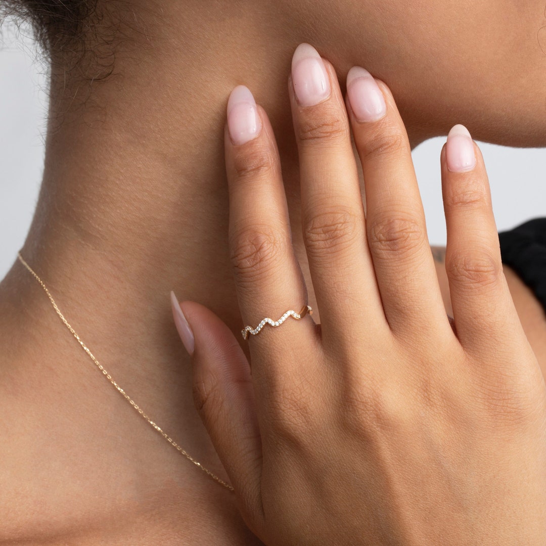 Pave Wave Stacking Ring, 14K Pave Wave Stacking Ring, 925 Sterling Silver Pave Wave Stacking ...