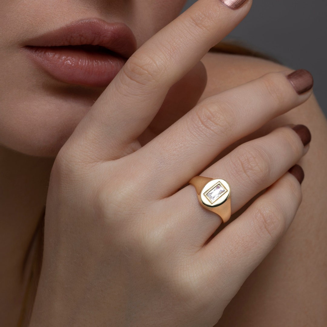 Baguette Diamond Signet Ring, 14K Baguette Diamond Signet Ring ...